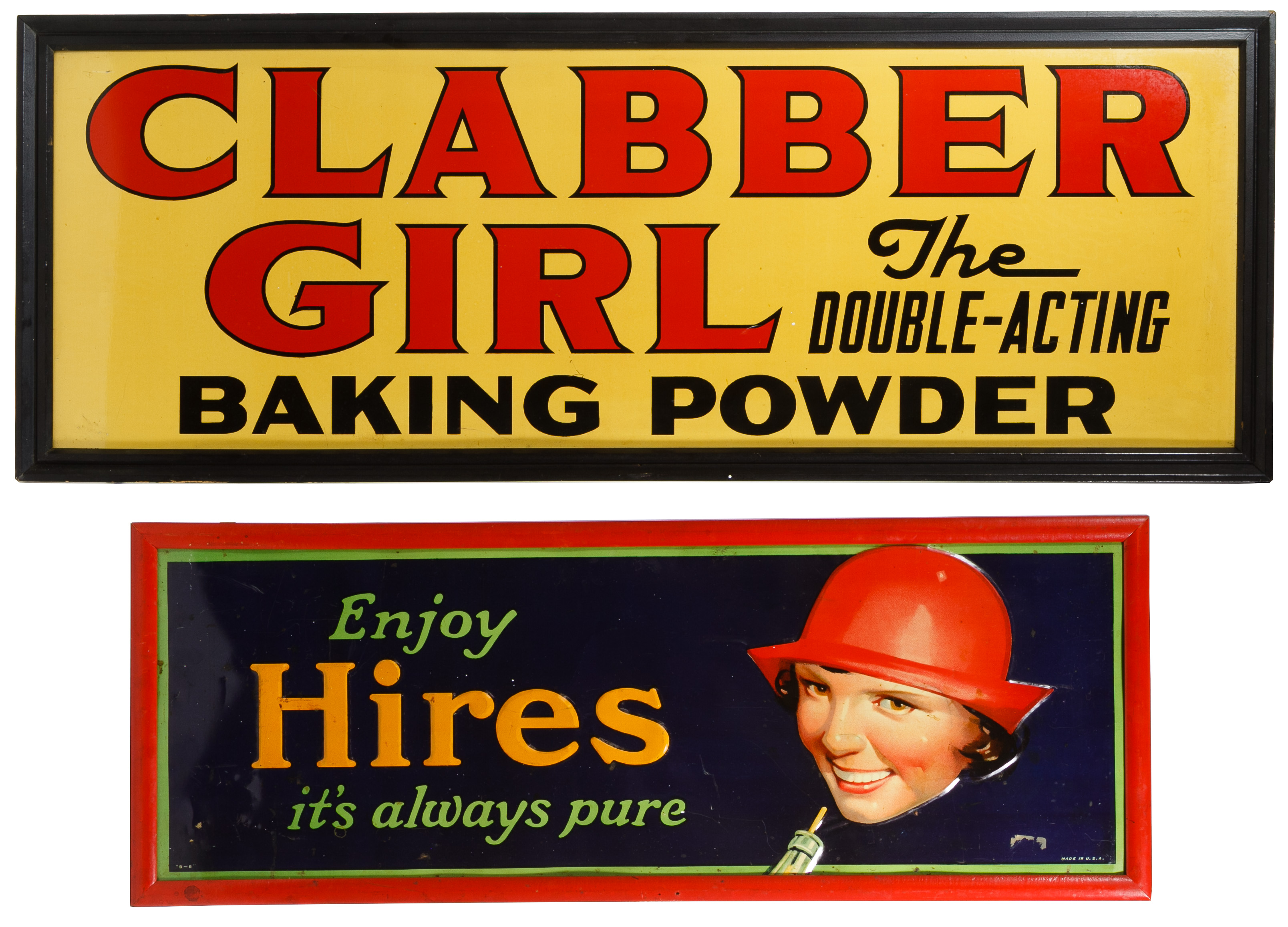 Hires and Clabber Girl Tin Advertising Signs