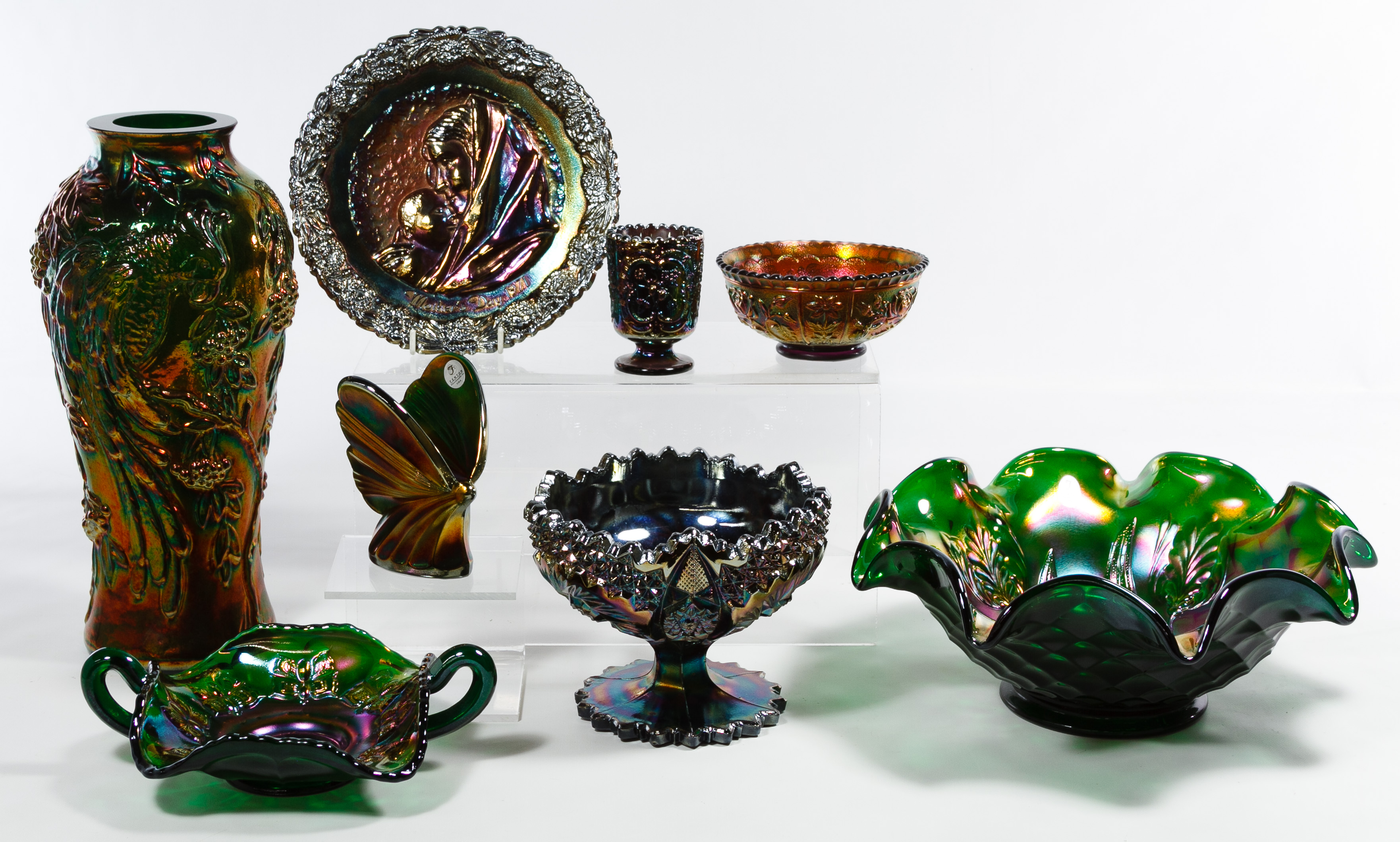 Fenton Amethyst and Green Carnival Glass Assortment