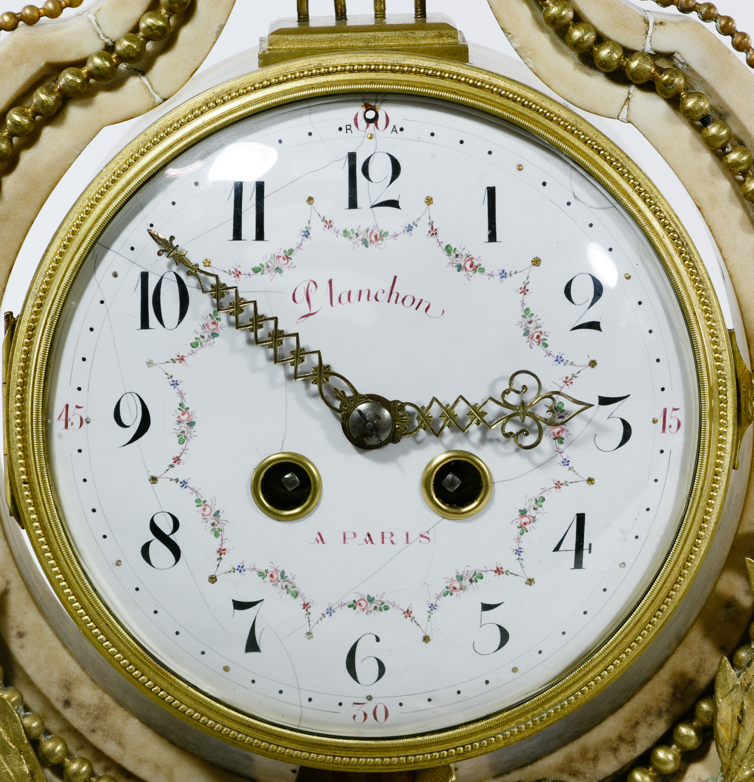 AD Mougin Gilt Metal and Marble Lyre Mantel Clock